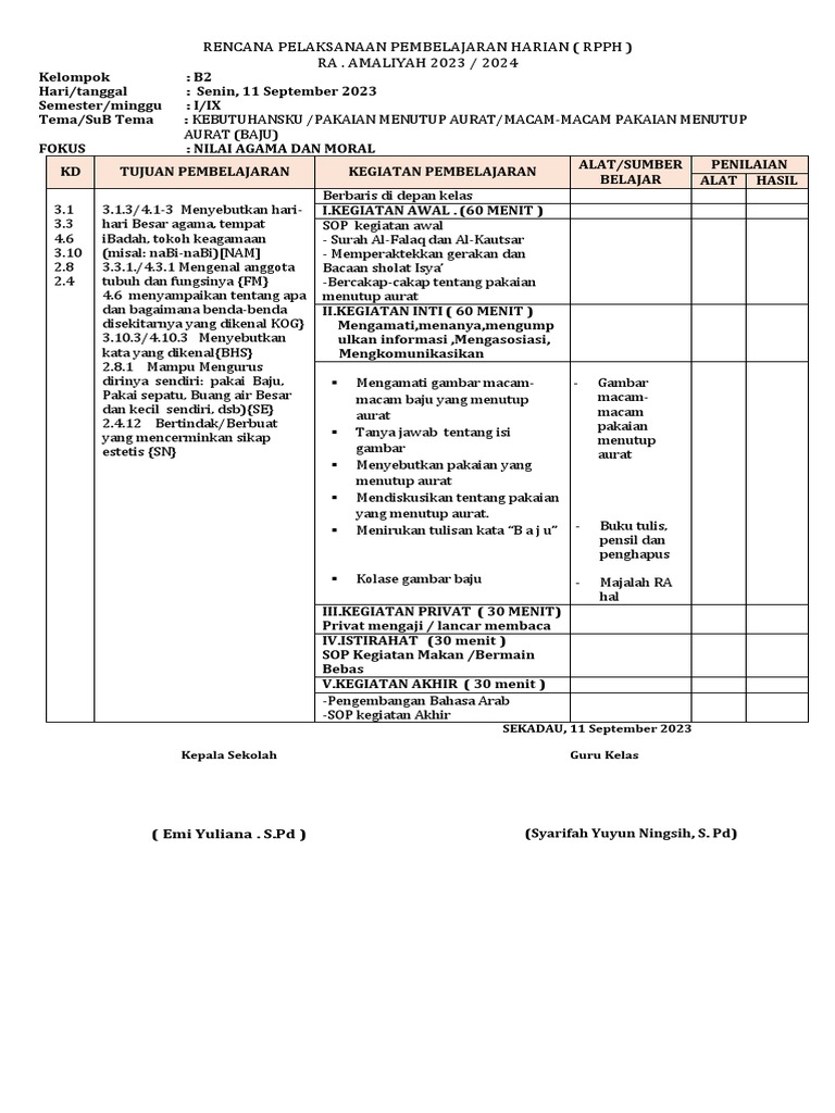 RPPH PAUD Tema Lingkunganku Sub Tema Masjidku | PDF