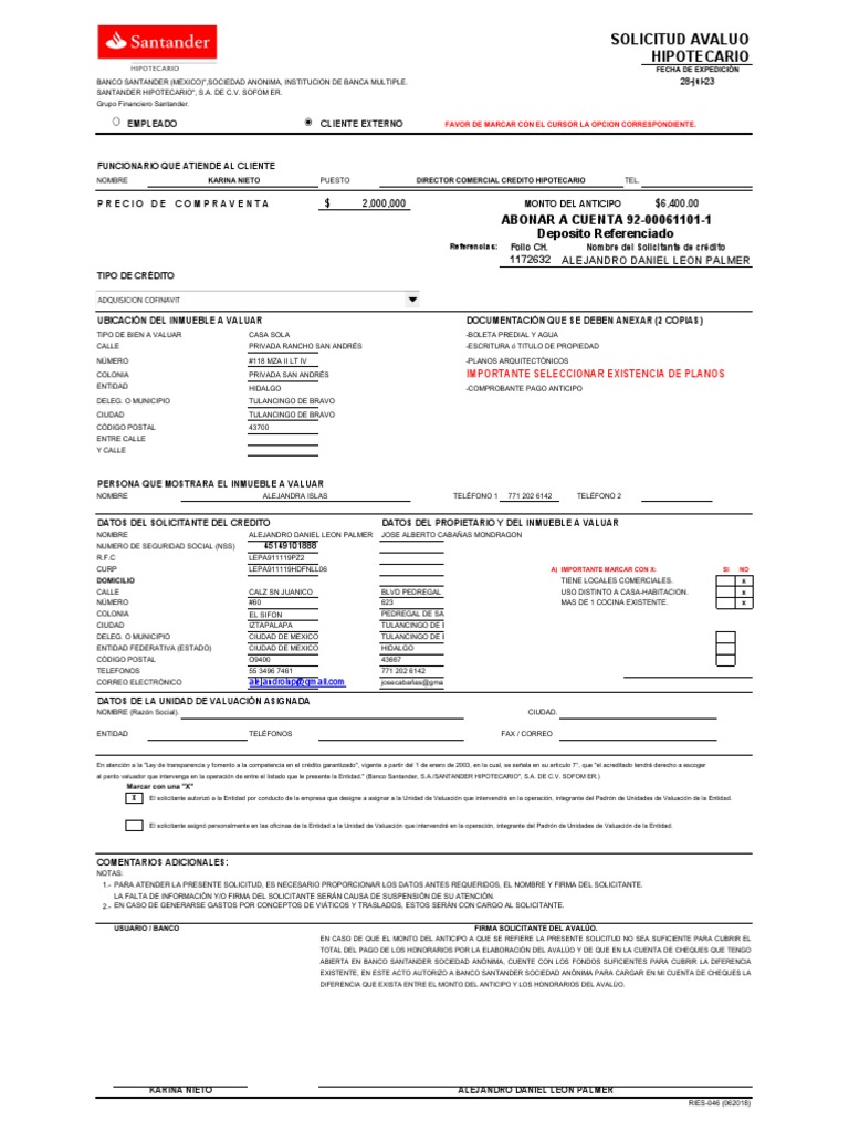 Solicitud de Avaluo Alejandro Daniel | PDF | Valoración (Finanzas)