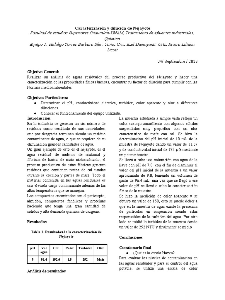 E1 - R1 - Caracterización y Dilución de Nejayote | PDF | Agua | Color