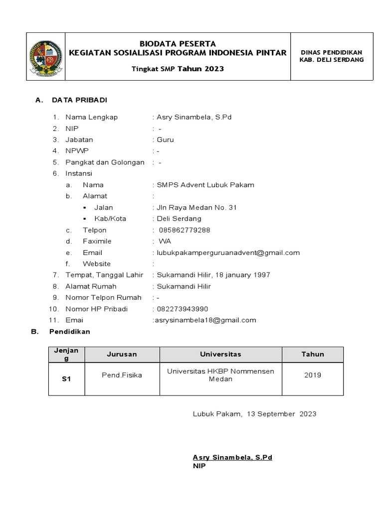 Biodata Peserta Program Indonesia Pintar | PDF