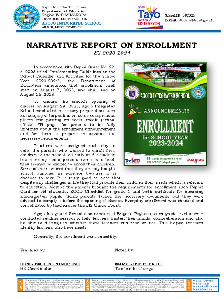 Narrative Report Enrollment SY 2023-2024 | PDF