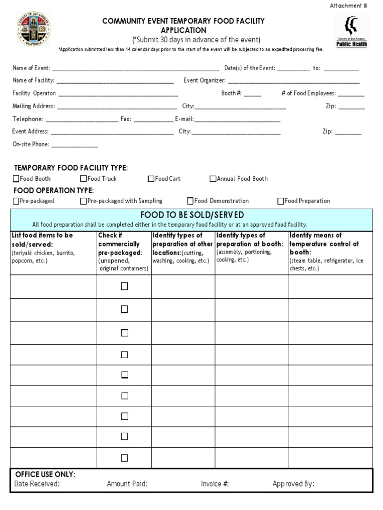Temporary Food Facility Application | PDF | Kitchen Utensil | Barbecue ...