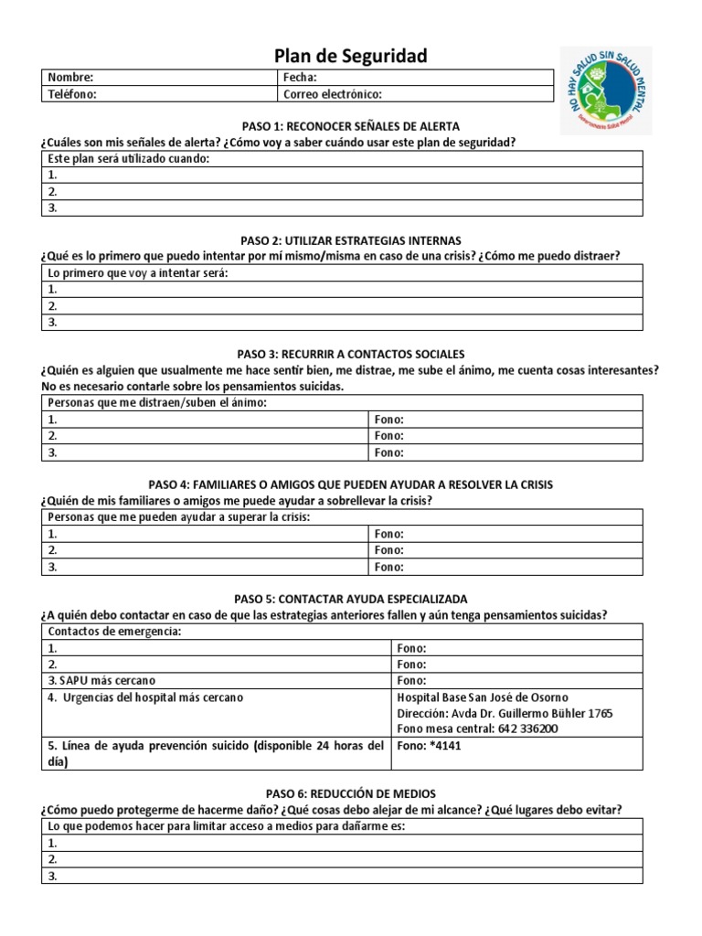 Plantilla Plan de Seguridad Prevencion Suicidio | PDF