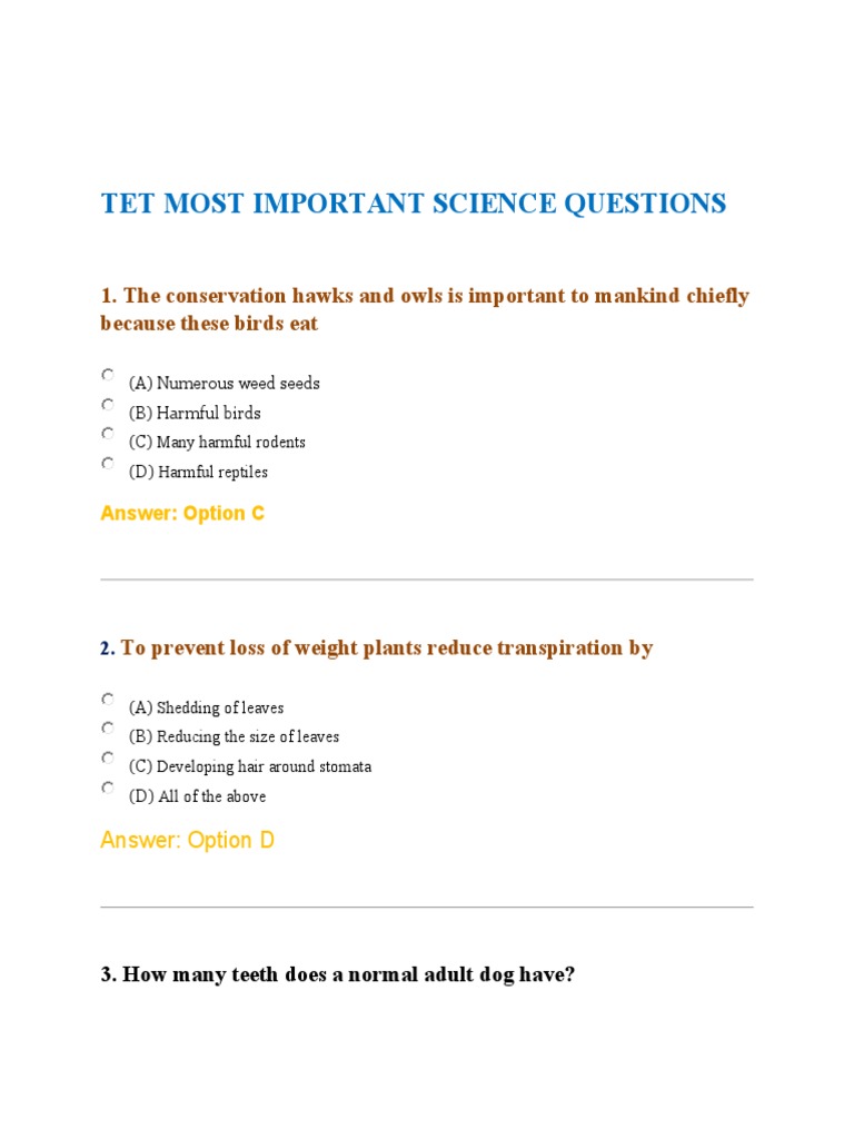 Tet Most Important Science Questions | PDF