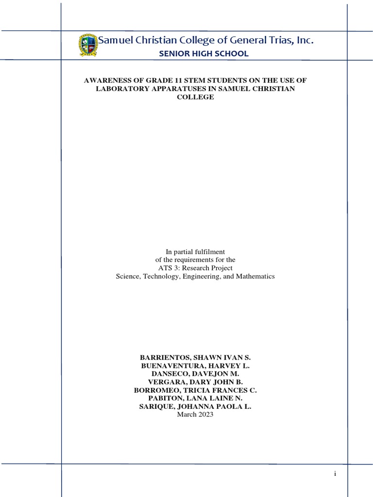 Awareness of Grade 11 Stem Students On The Use of Laboratory Apparatuses in Samuel Christian ...