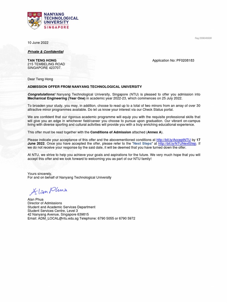 NTU Admission Offer for Mechanical Engineering | PDF | Curriculum