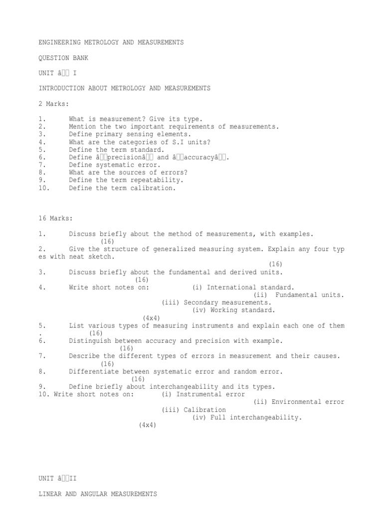 Engineering Metrology and Measurements - Question Bank | PDF | Observational Error | Calibration