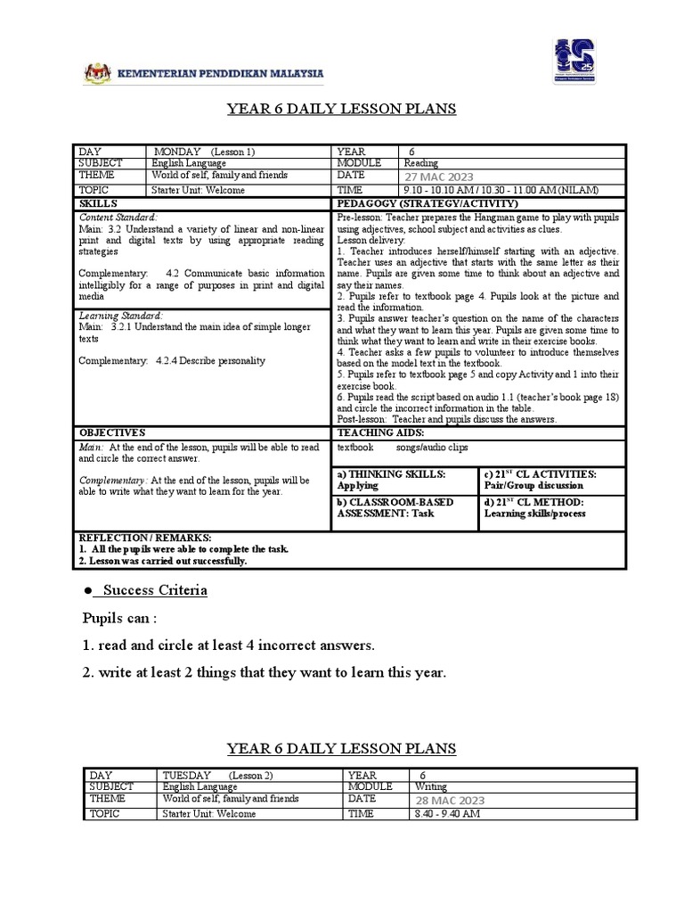 RPH YEAR 6 Starter Unit | PDF | Teachers | Lesson Plan