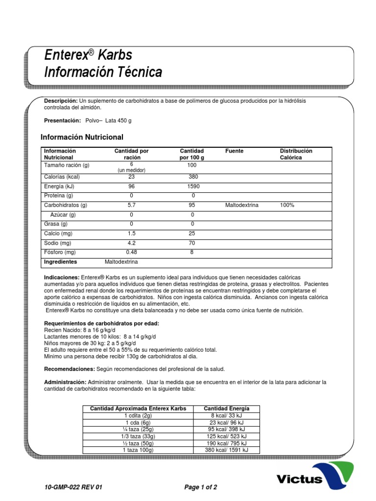 Ficha Técnica Enterex Karbs 13450 | PDF | Nutrición | Dieta y nutrición