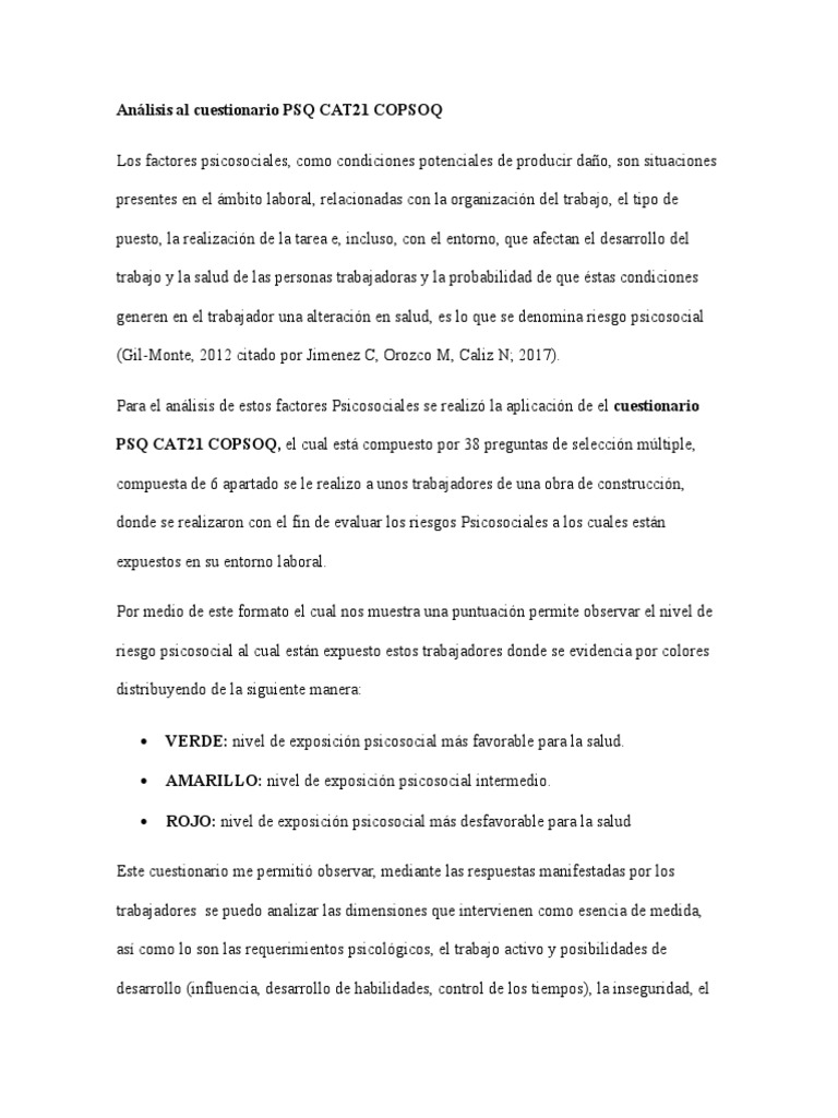 Análisis Al Cuestionario PSQ CAT21 COPSOQ | PDF | Cuestionario | Riesgo