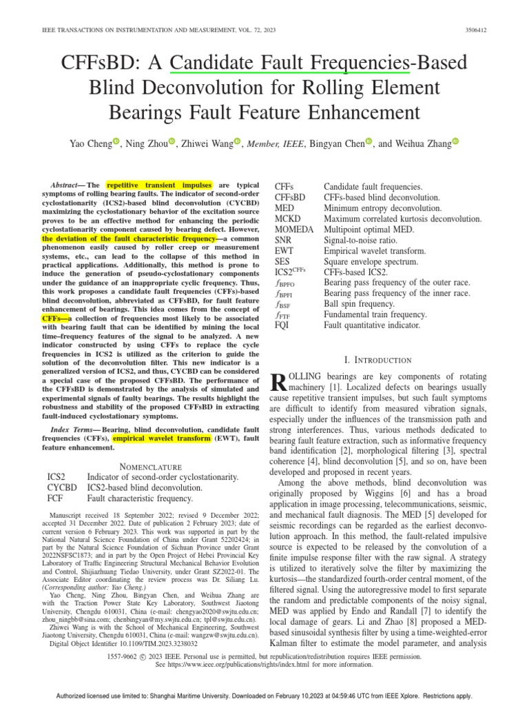 CFFSBD A Candidate Fault Frequencies-Based Blind Deconvolution For Rolling Element Bearings ...