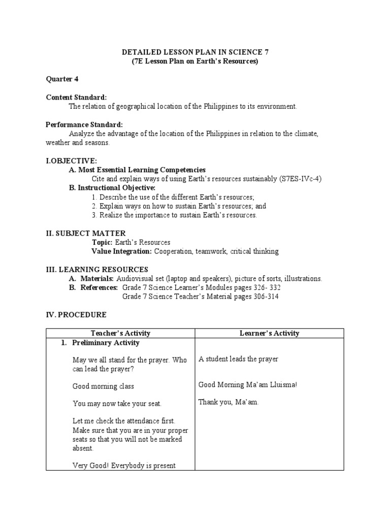 7e - Detailed Lesson Plan in Science 7 - Earths Natural Resources | PDF ...