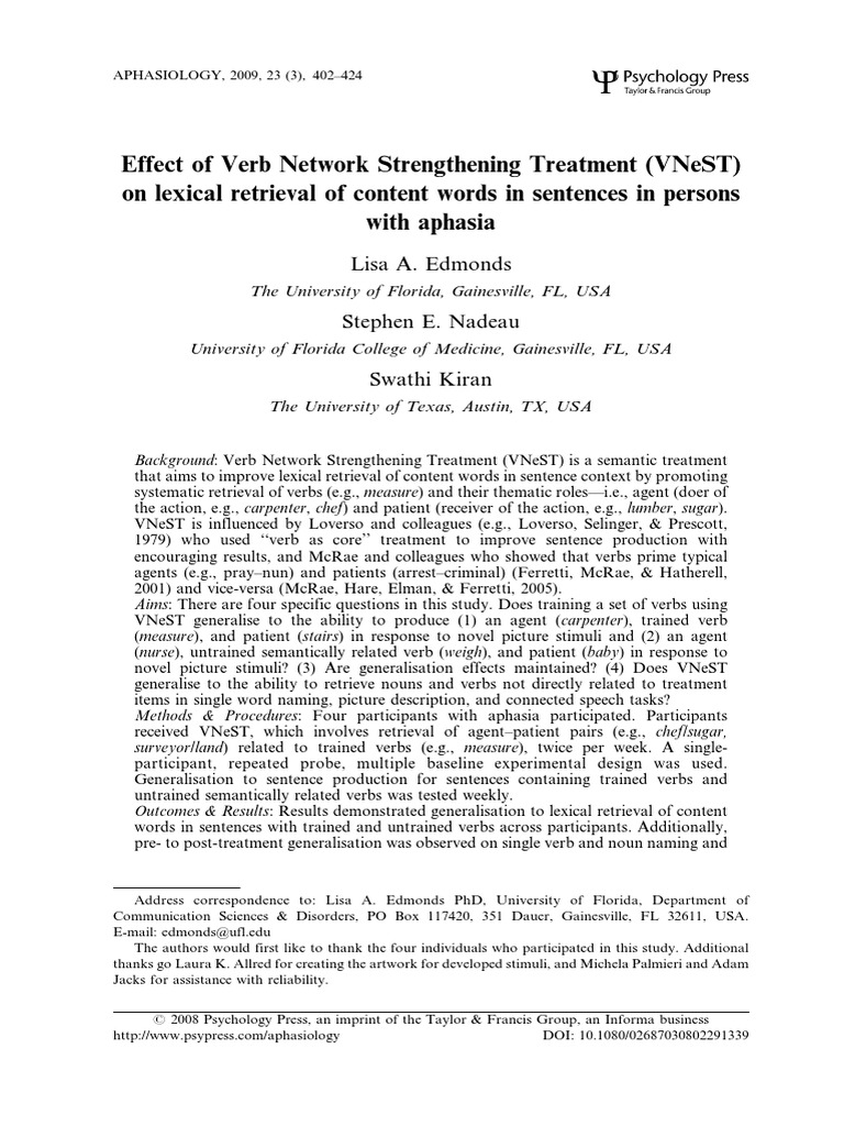 Effect of Verb Network Strengthening Treatment (VNeST) On Lexical ...