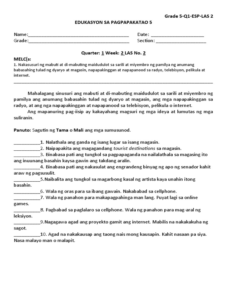Grade 5 Q1 ESP LAS Week 2 | PDF