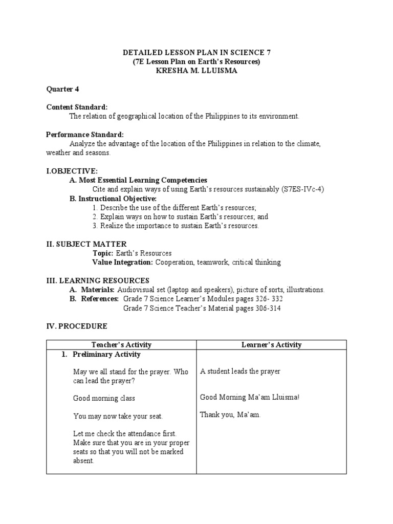 7e - Detailed Lesson Plan in Science 7 - Earths Natural Resources | PDF ...