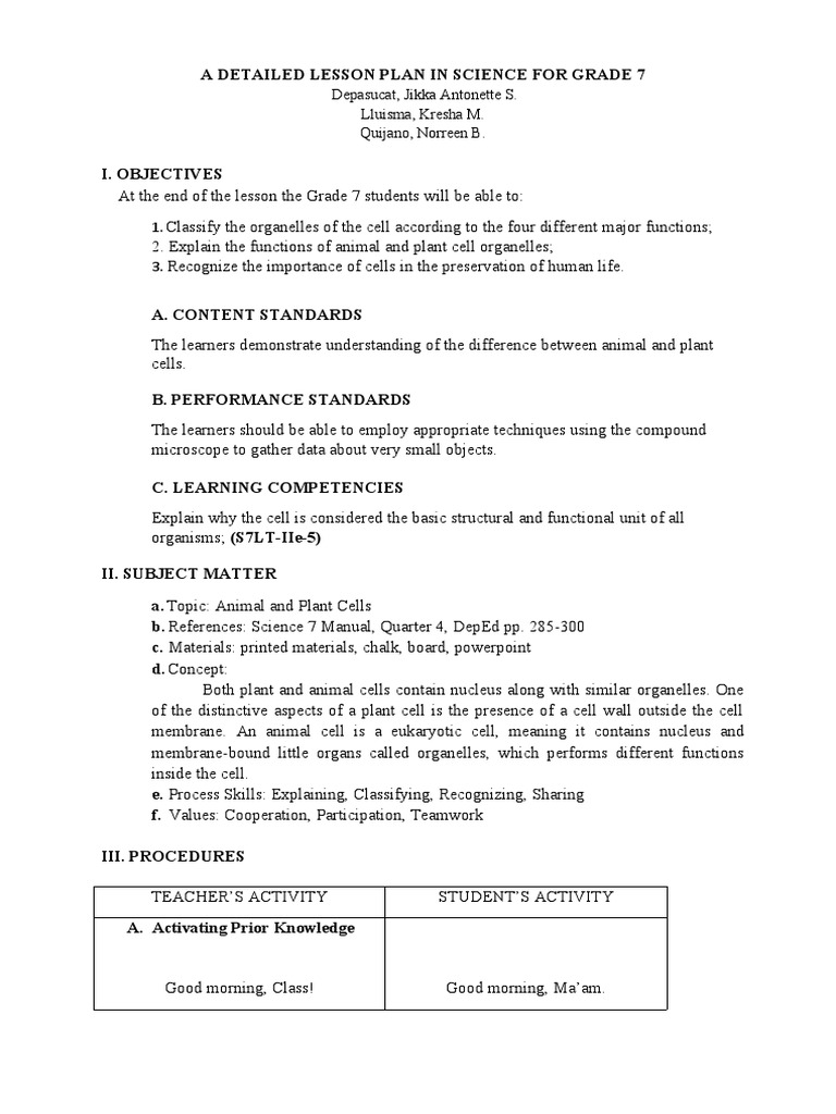 Final A Detailed Lesson Plan in Science For Grade 7 | PDF | Cell ...
