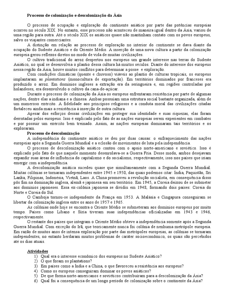 Processo de Colonização e Descolonização Da Ásia | PDF