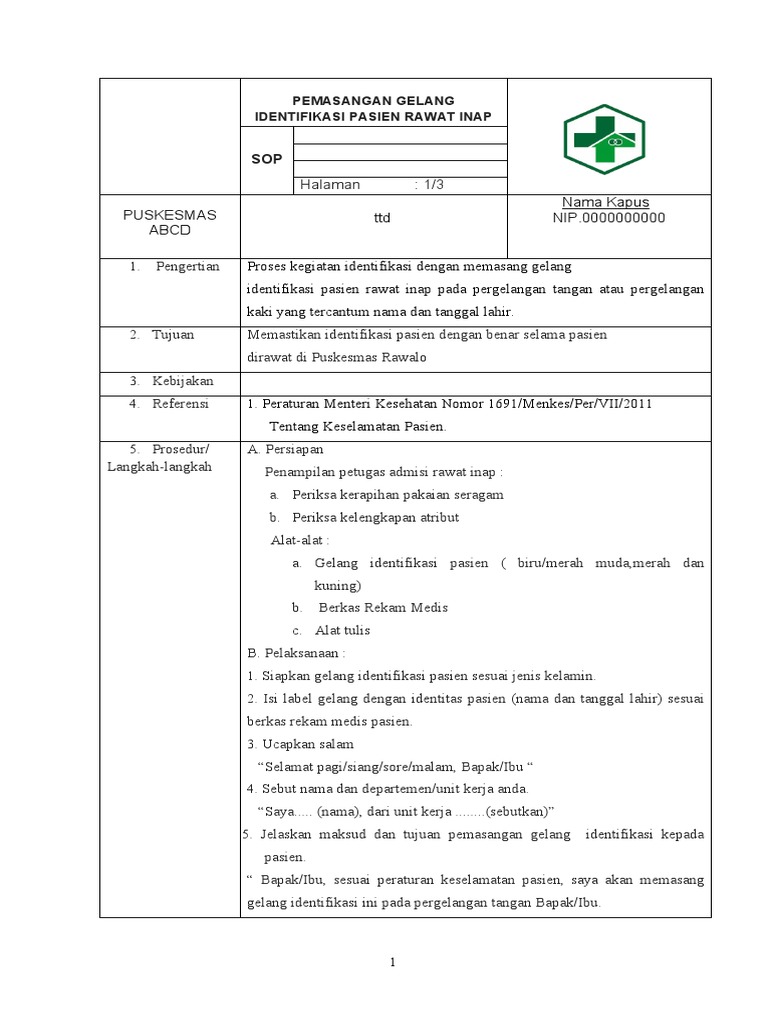 SOP Pemasangan Gelang Identitas Pasien | PDF