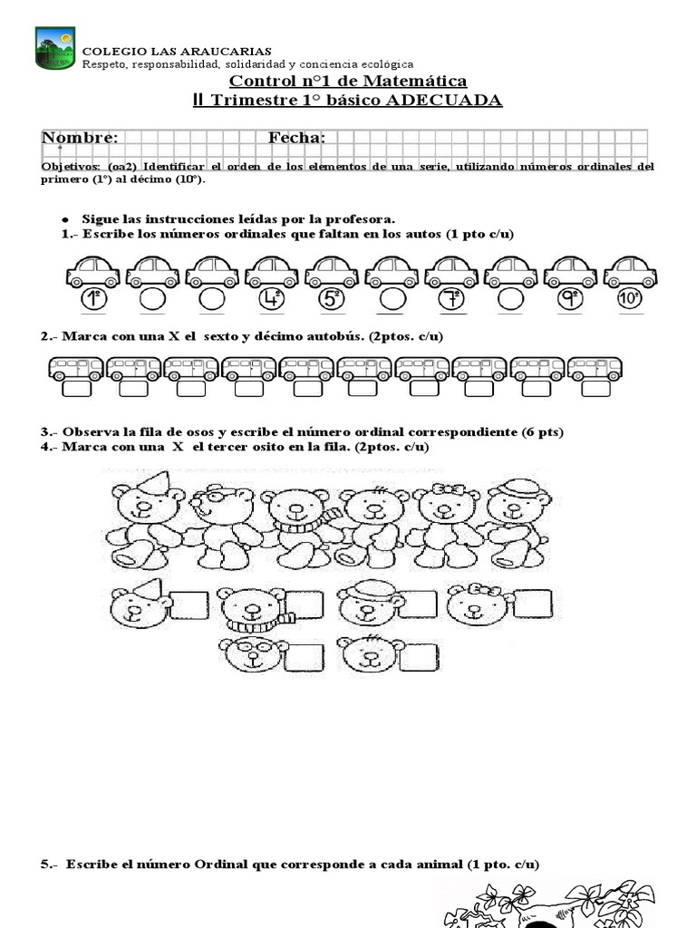 Prueba de Educación Matemática 1° NÚMEROS ORDINALES | PDF