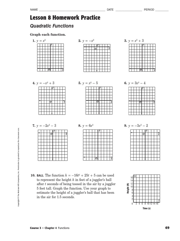 Lesson 8 Homework Practice Quadratic Functions Pdf