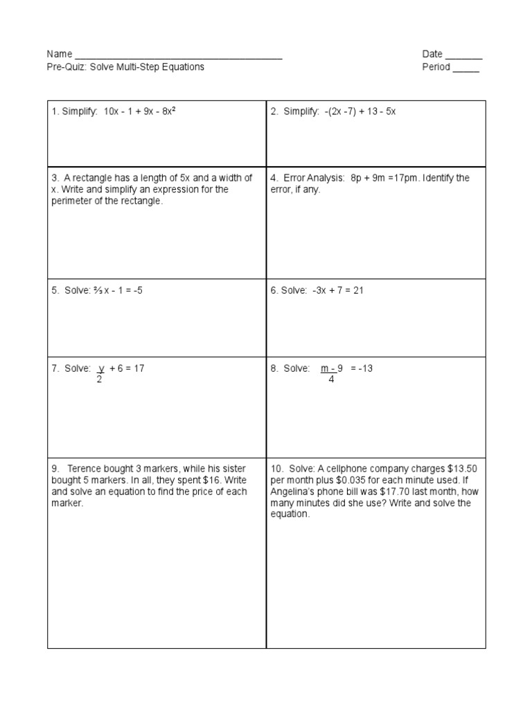 M8 Multi-Step Equations Pre-Quiz | PDF