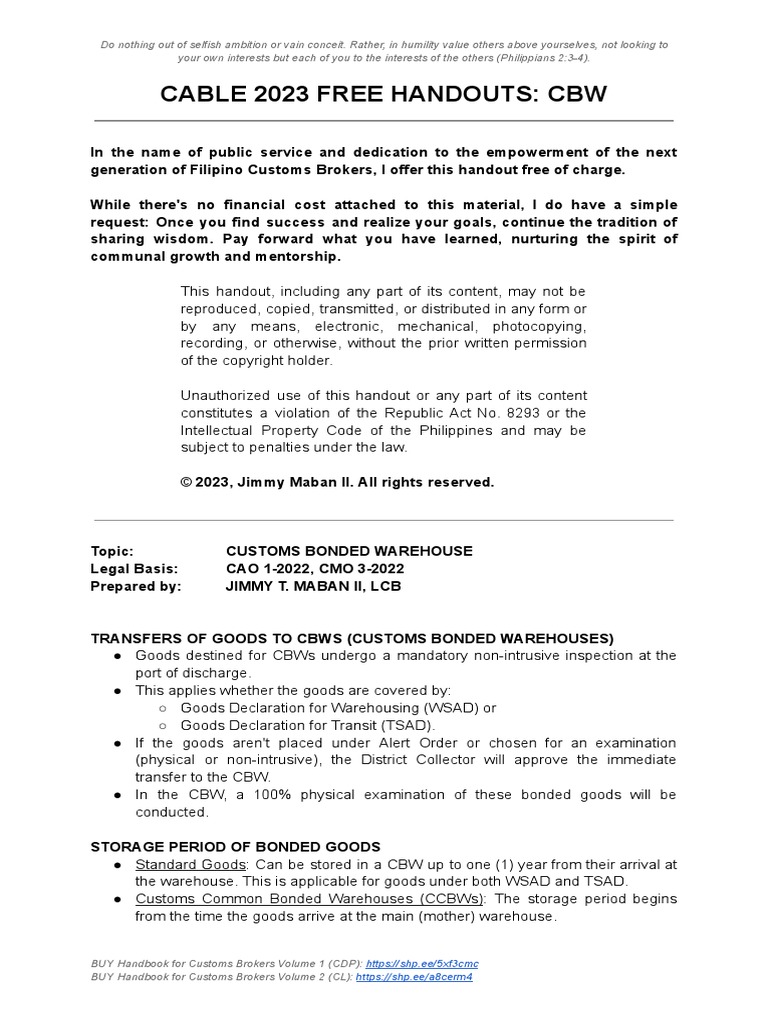 CBW Handouts by Jimmy T. Maban II LCB | PDF | Customs | Warehouse