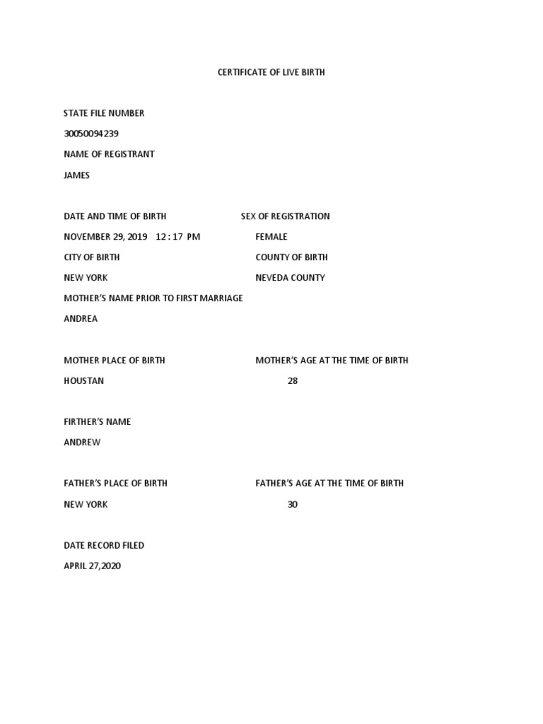 New York Certificate of Live Birth Sample | PDF