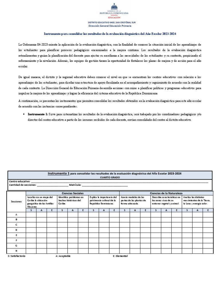 Instrumento 1 Del Segundo Ciclo para Consolidar Los Resultados de La Evaluación Diagnóstica Del ...