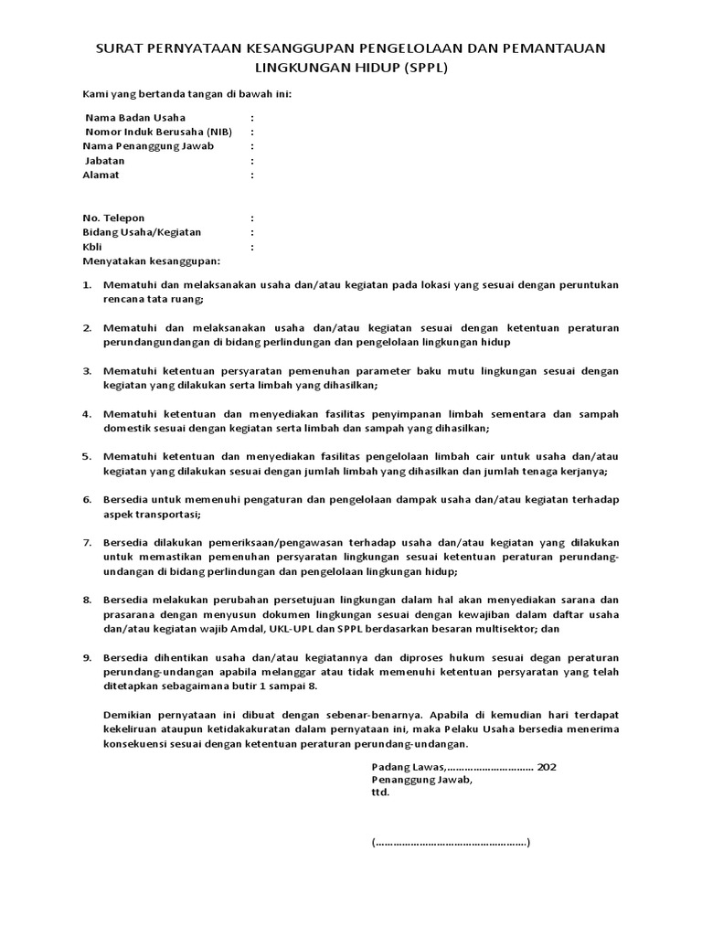 Surat Pernyataan Kesanggupan Pengelolaan Dan Pemantauan Lingkungan ...
