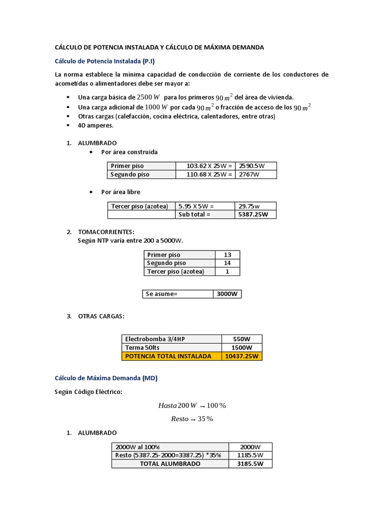 CÁLCULO DE POTENCIA INSTALADA Y CÁLCULO DE MÁXIMA DEMANDA | PDF
