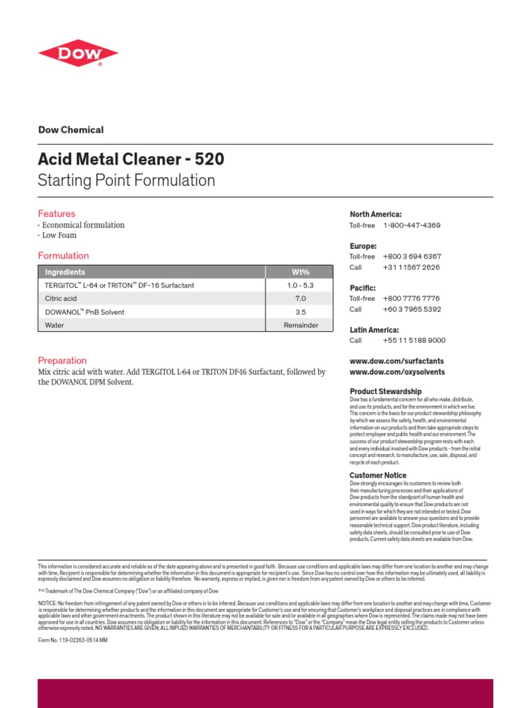 119 02263 01 Acid Metal Cleaner Formulation 520 | PDF | Dow Chemical ...