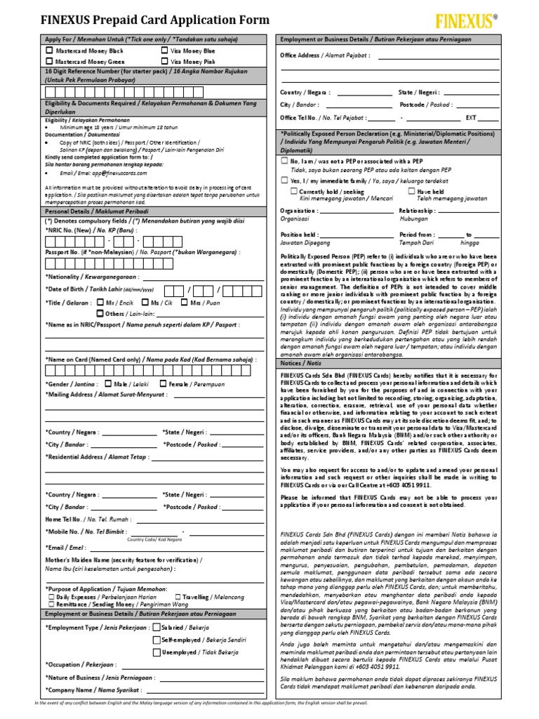 FINEXUS Prepaid Card Application Form 20220309 | PDF | Visa Inc. | Payments
