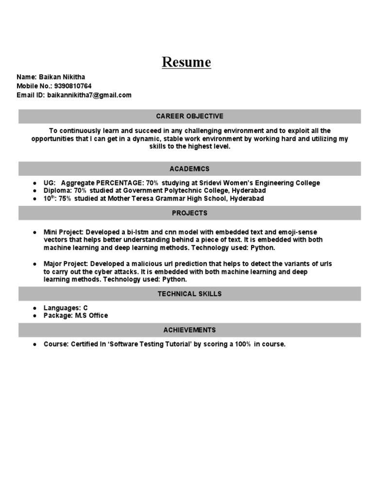 Baikan Nikitha's Resume Overview | PDF