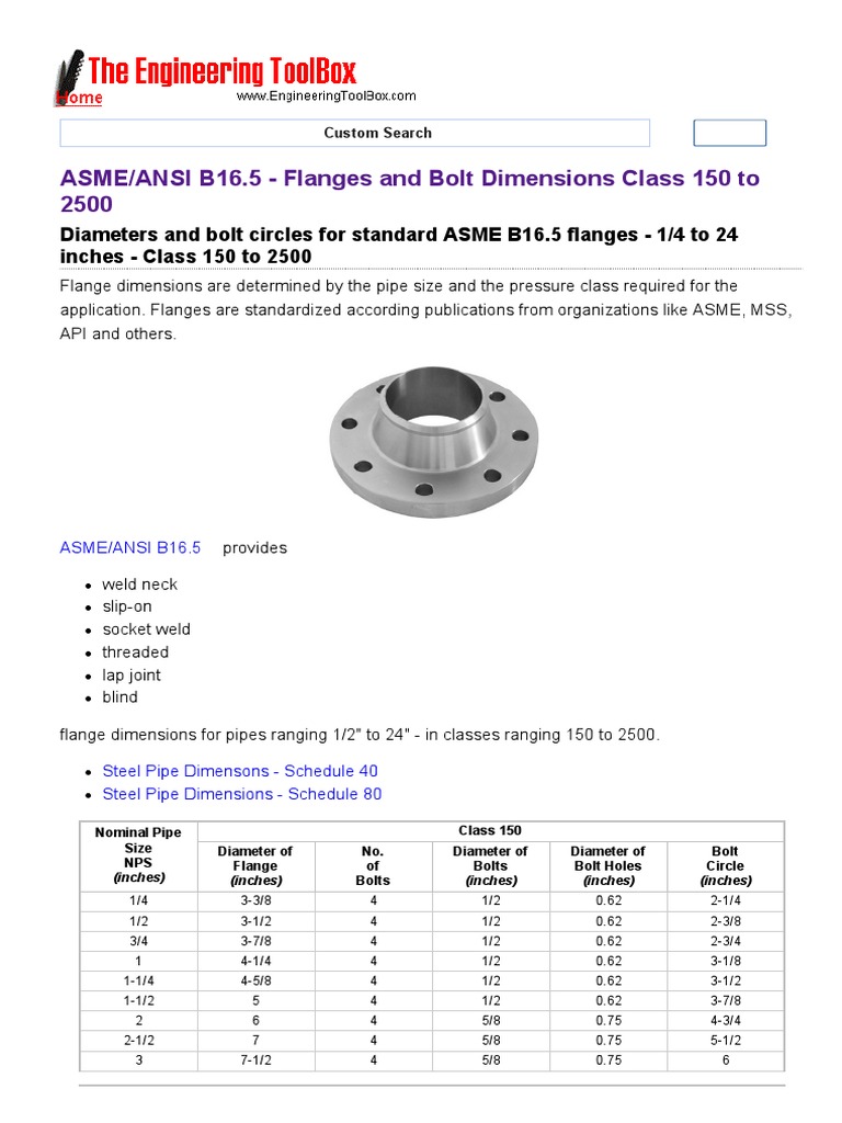ASME - ANSI B16.5 - Flanges and Bolt Dimensions Class 150 To 2500 | PDF | Pipe (Fluid Conveyance ...