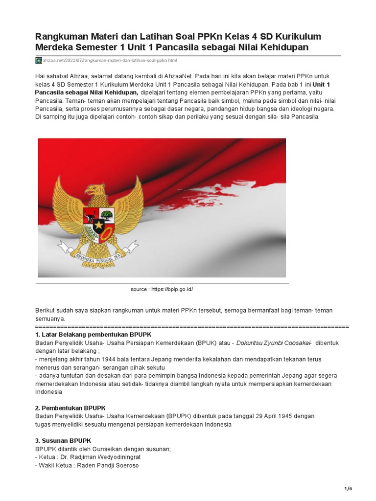Rangkuman Materi Dan Latihan Soal PPKN Kelas 4 SD Kurikulum Merdeka Semester 1 Unit 1 Pancasila ...