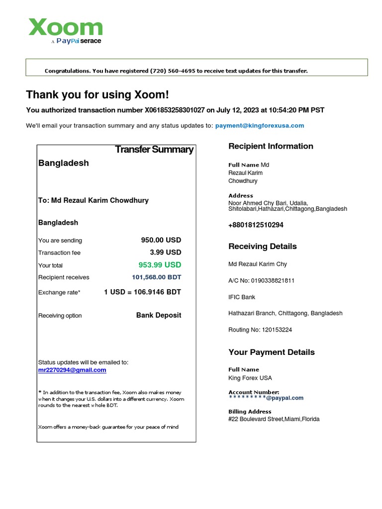 Xoom Transaction Receipt | PDF | United States Dollar | Pay Pal