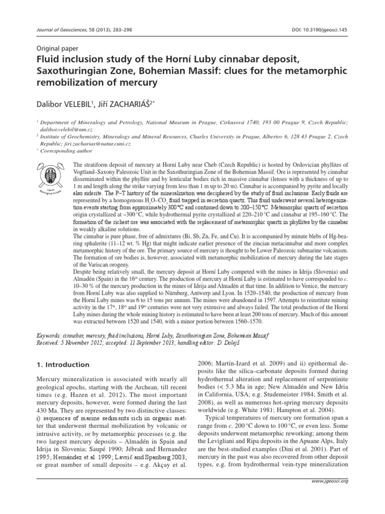 Fluid Inclusion Study of The Horní Luby Cinnabar Deposit ...