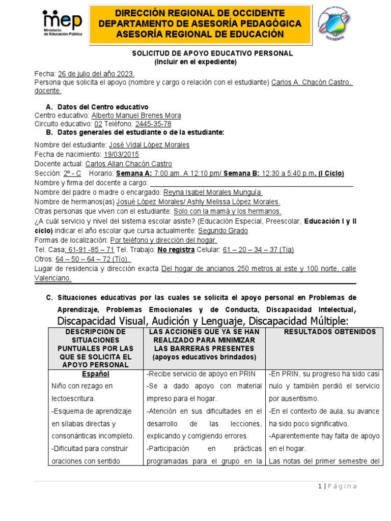 Solicitud de Apoyo José Vidal para Mey 2023 | PDF | Salón de clases | Maestros