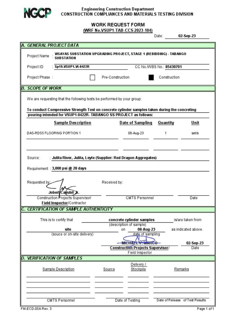 Work Request Form: Visayas Substation Upgrading Project, Stage 1 ...