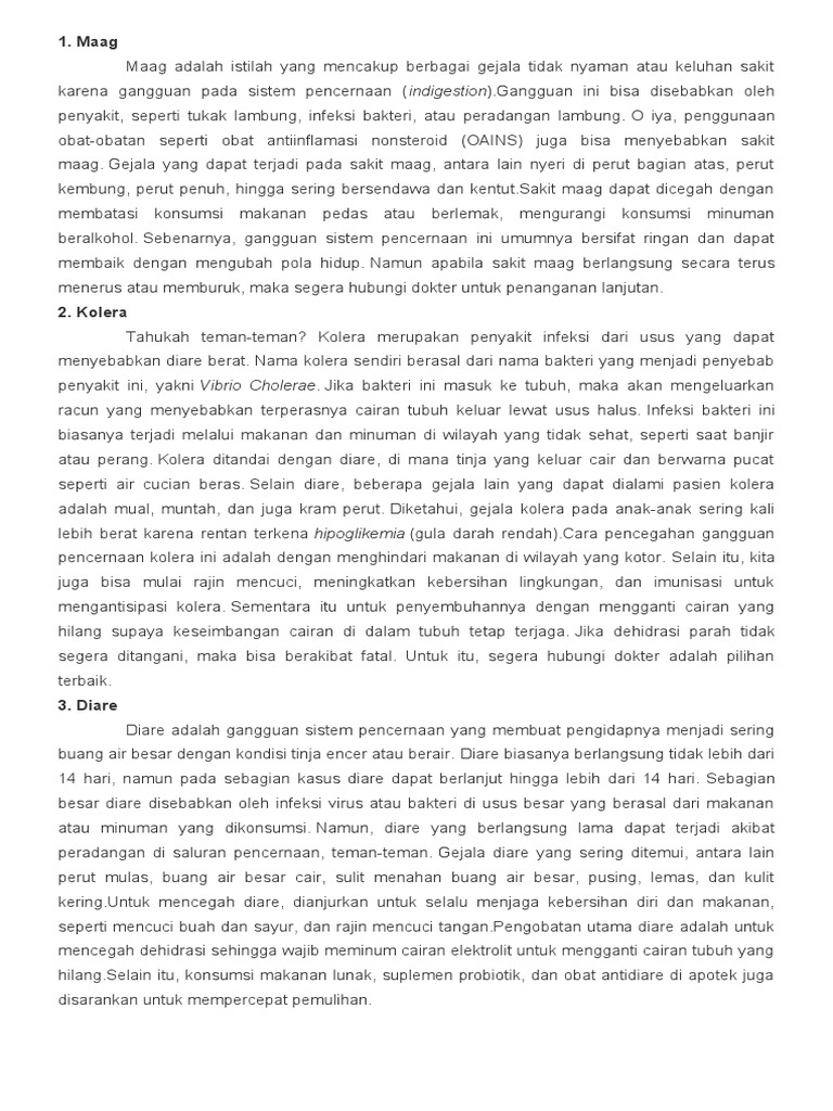 Penjelasan Penyakit Maag Kolera Dan Diare | PDF