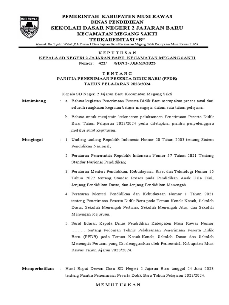 SK Panitia PPDB SD 2022-2023 | PDF