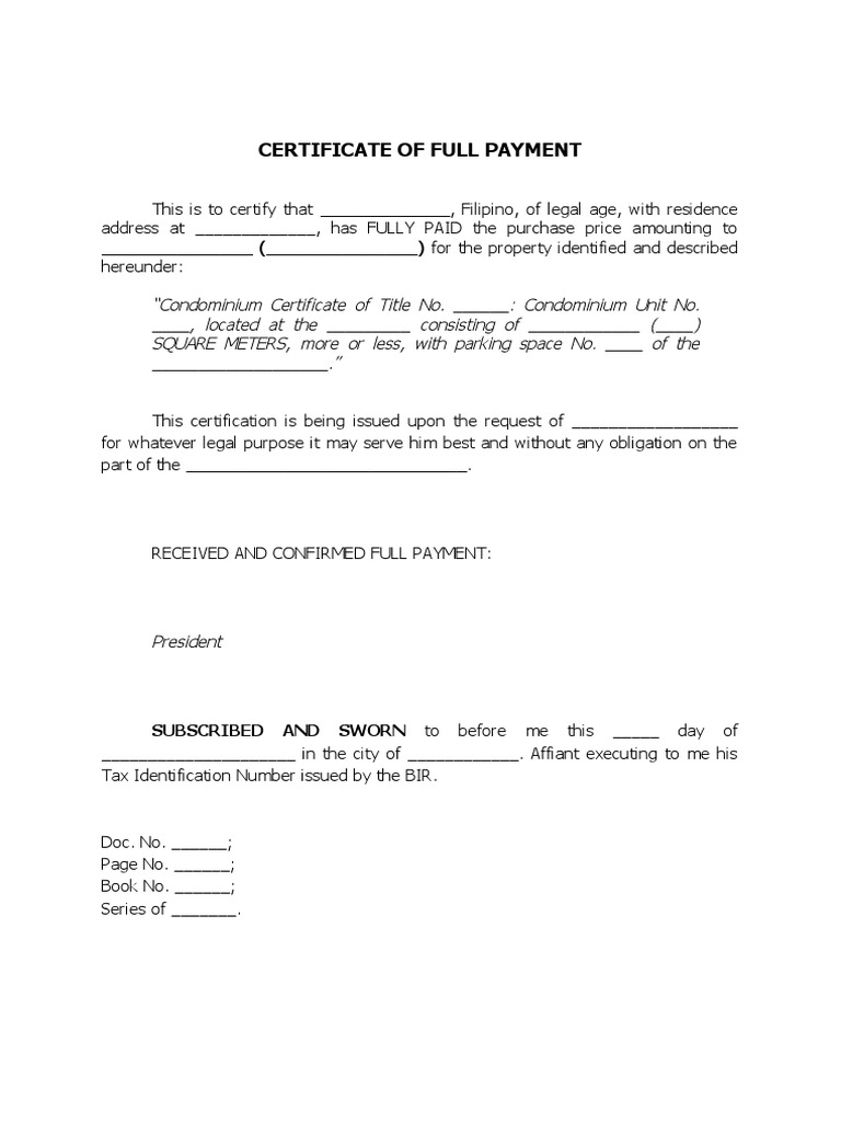 Certificate of Fullpayment - Template | PDF