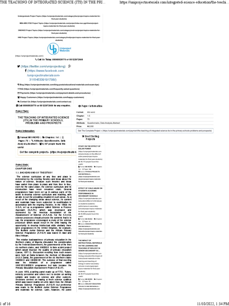 The Teaching of Integrated Science (Its) in The Primary Schools, Problems and Prospects | PDF ...