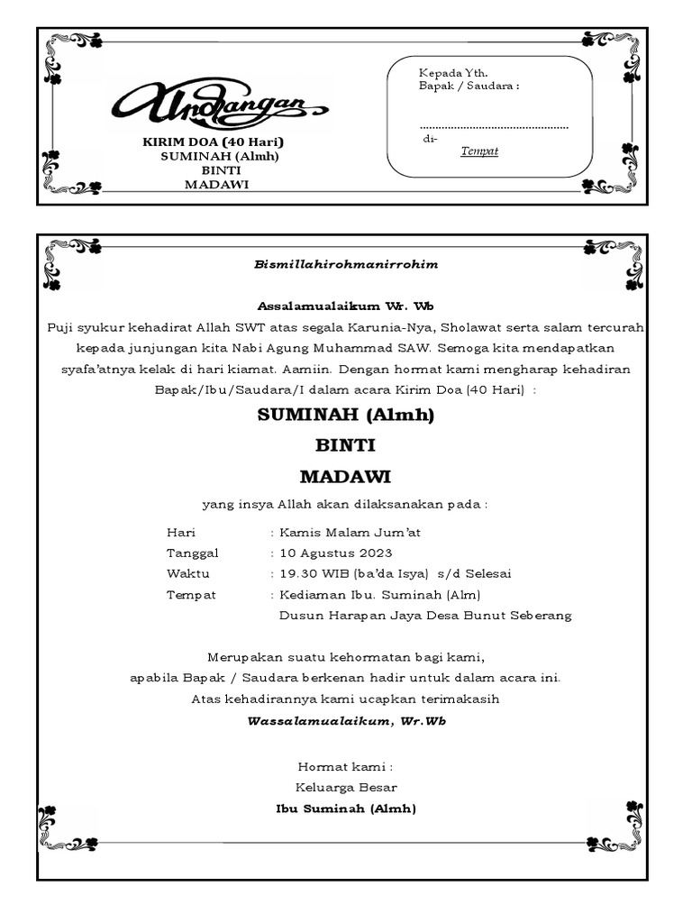 Undangan Kirim Doa 40 Hari Suminah | PDF