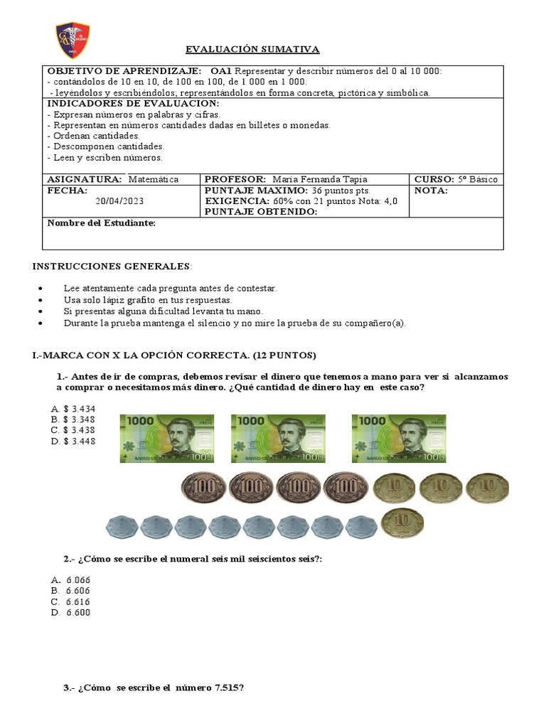 4° Básico MatemÁtica Prueba Sumativa Pdf 4975