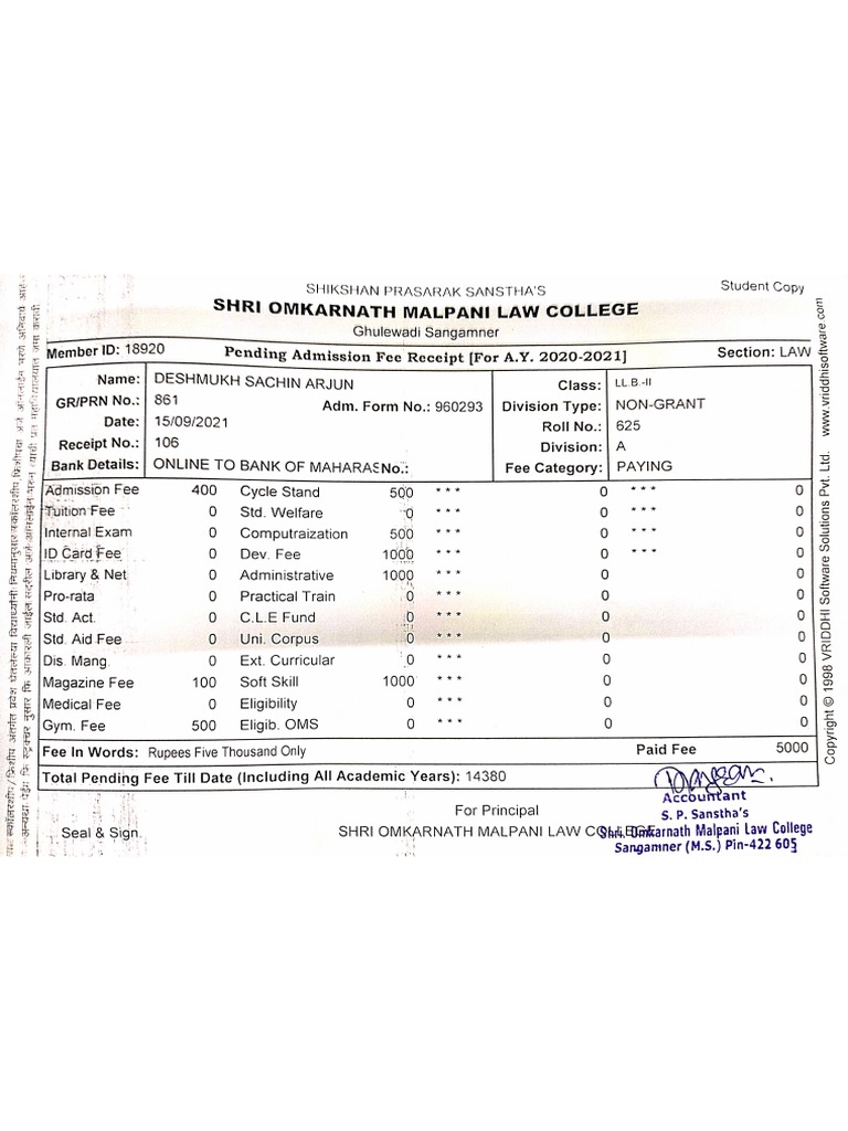 LLB Admission Receipt | PDF