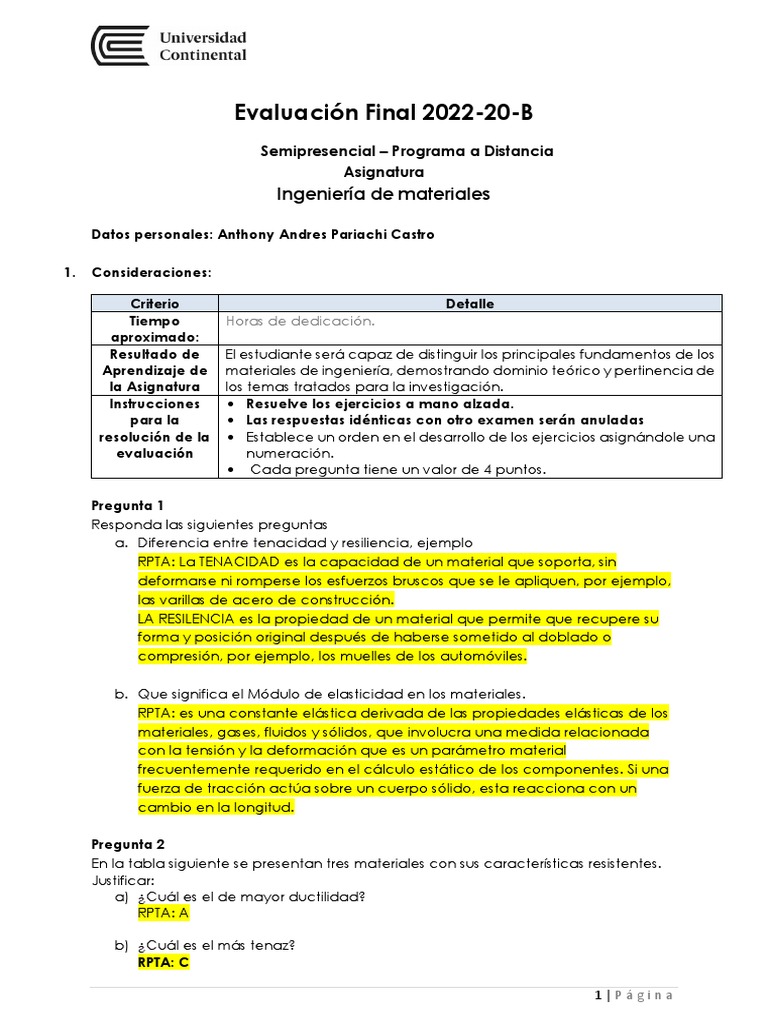 Examen Final Ingenieria de Materiales 2022-20-B | PDF | Acero | Aleación