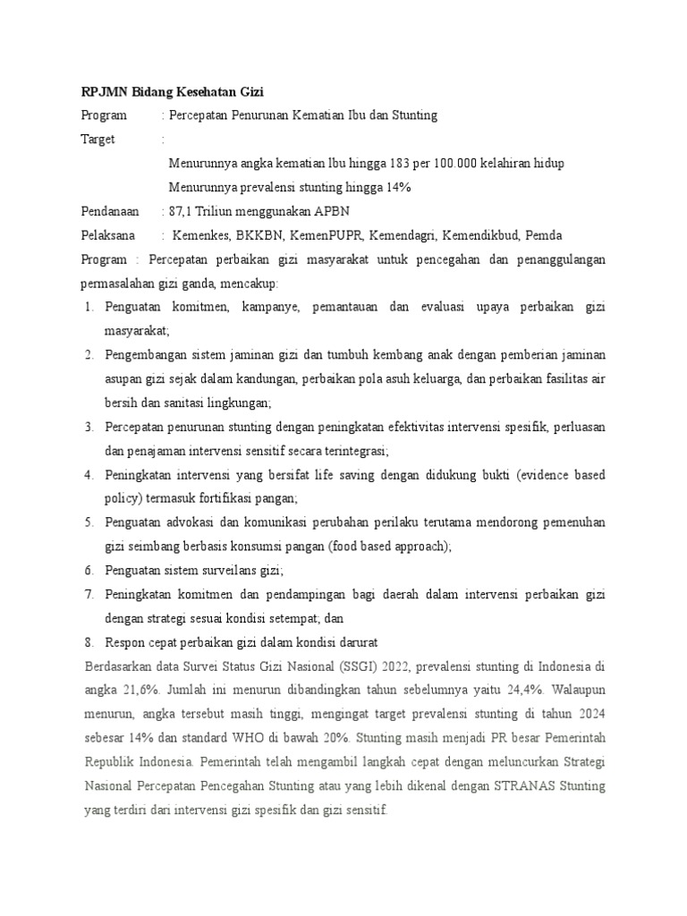 RPJMN Bidang Kesehatan Gizi | PDF