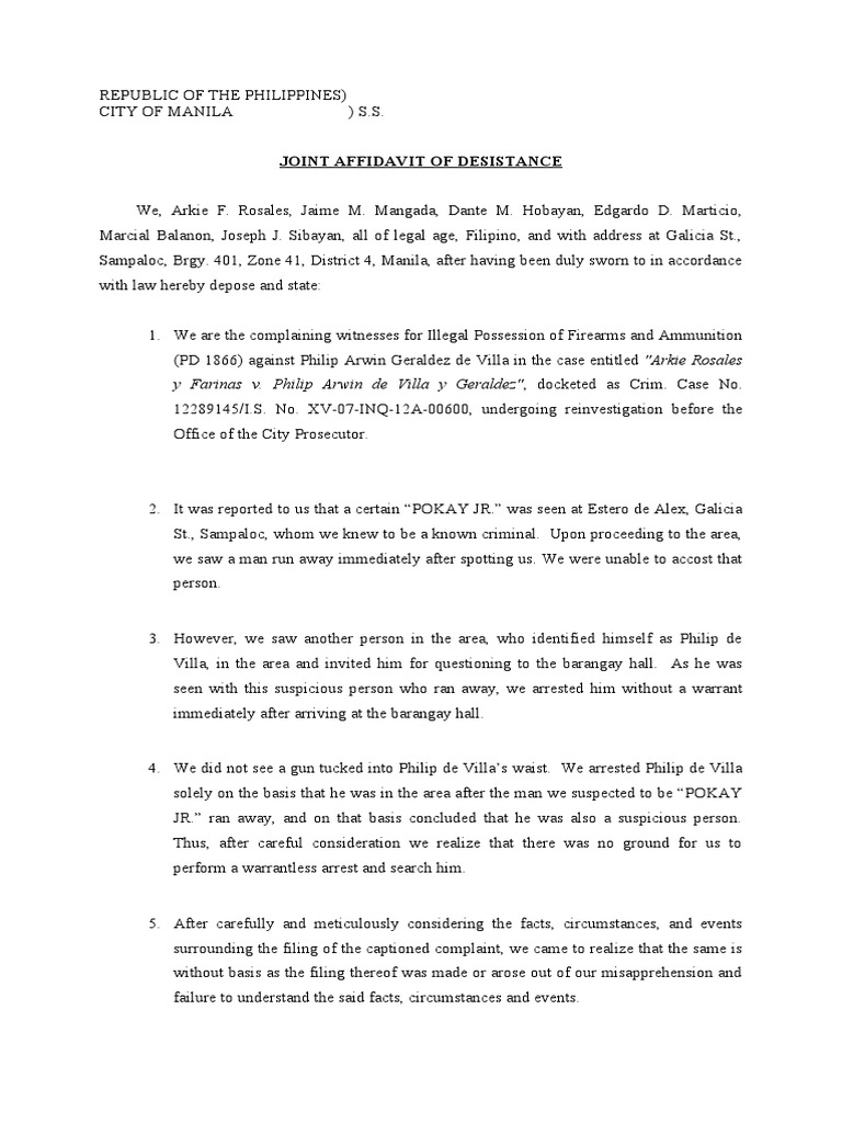 Sample Affidavit of Desistance 2 | Download Free PDF | Crime & Violence ...