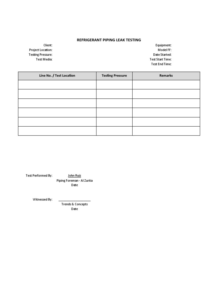 Refrigerant Piping Leak Test Report | PDF | Plumbing | Domestic Implements